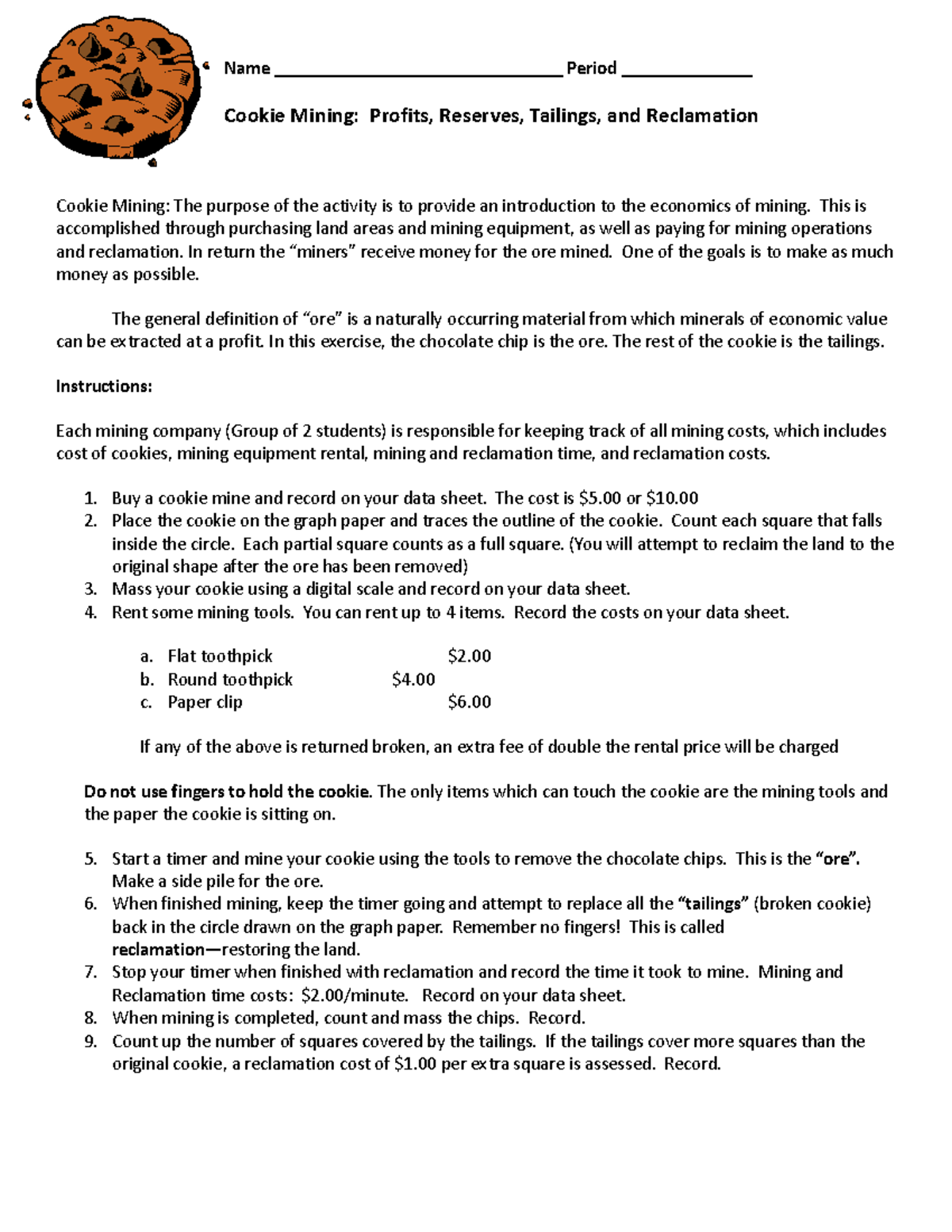 Cookie Mining Lab Sheet: Economics of Mining Profits & Reclamation ...