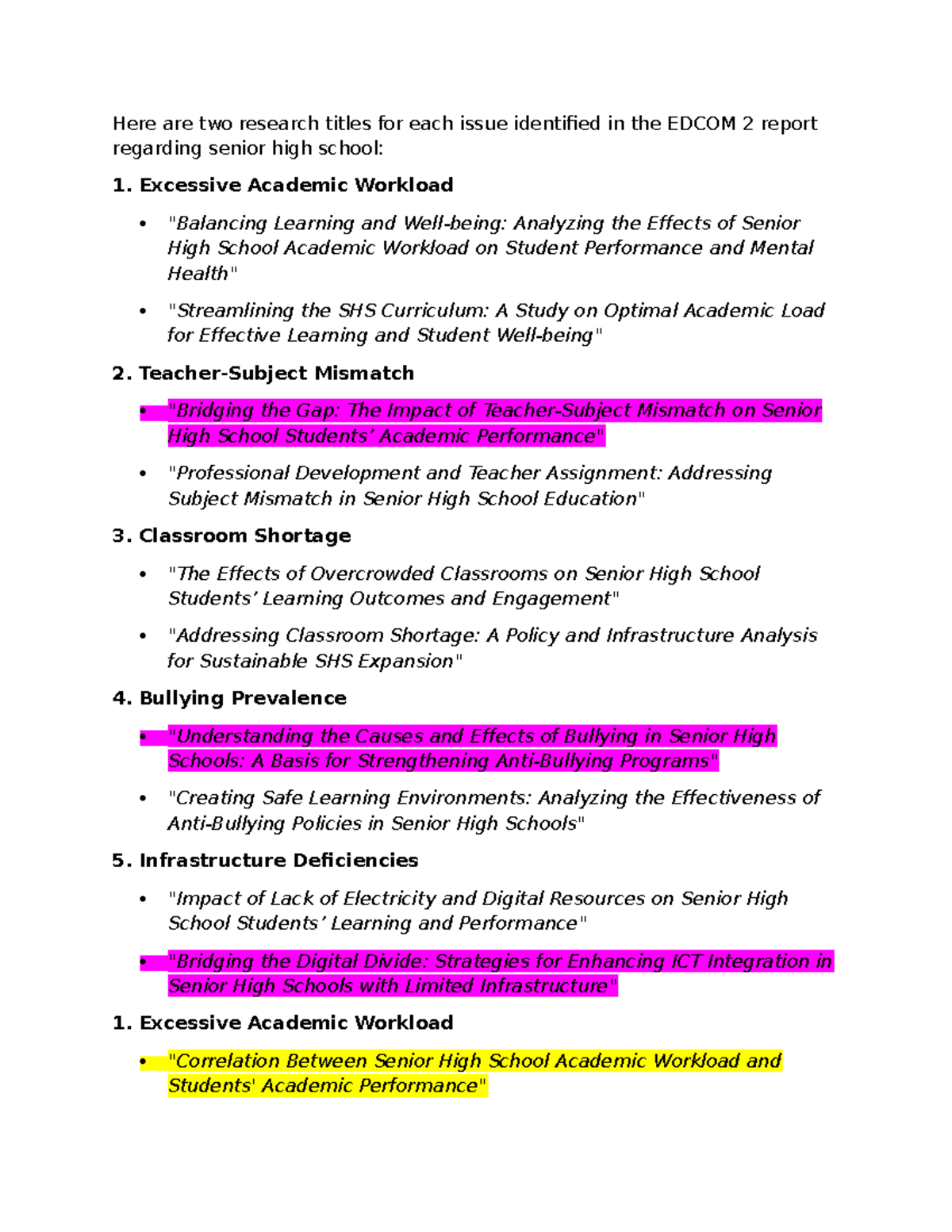 Proposed Research Titles for EDCOM 2 Report on Senior High School ...