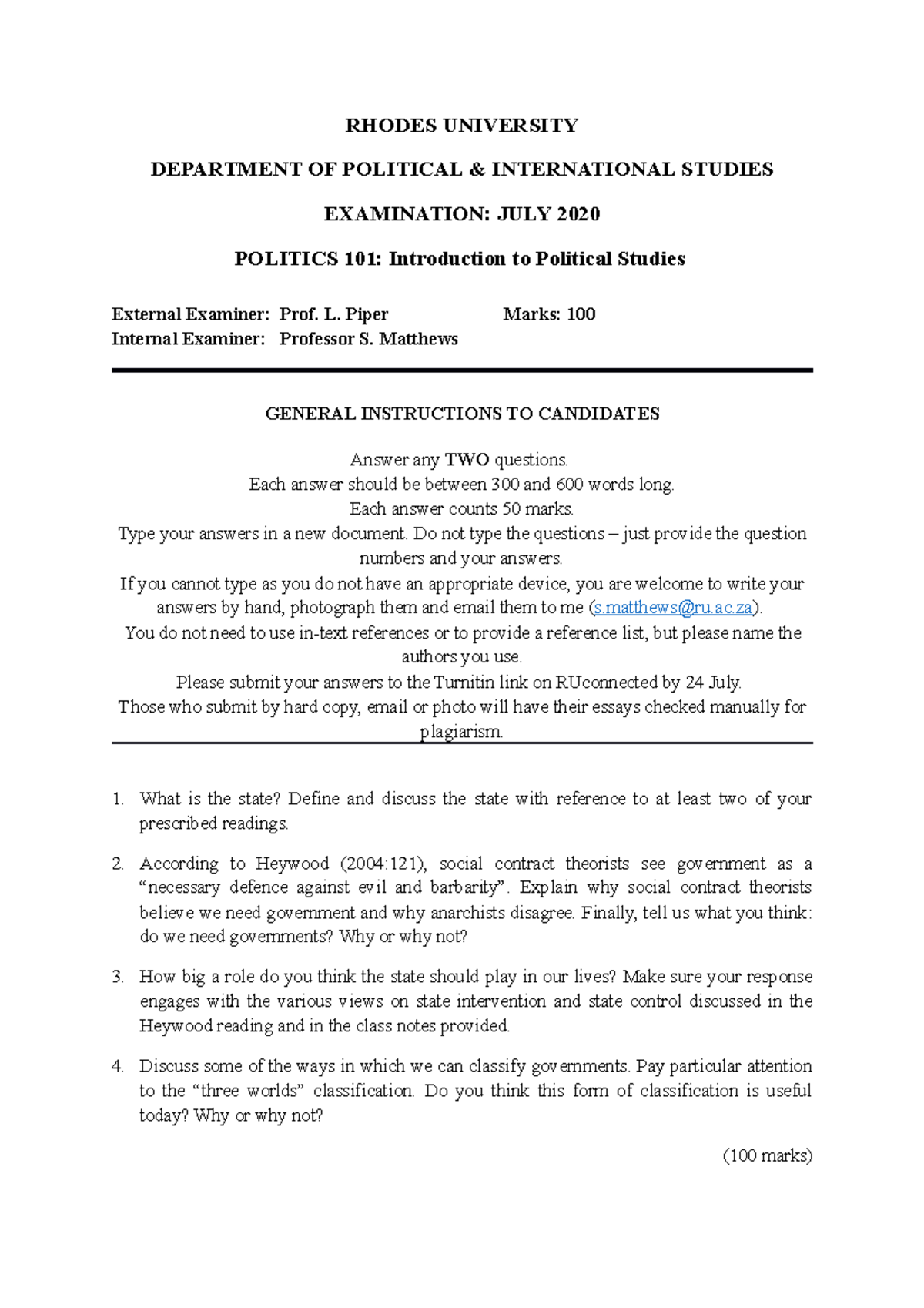 POL 1 Final Exam: Intro to Political Studies - July 2020 - Studocu