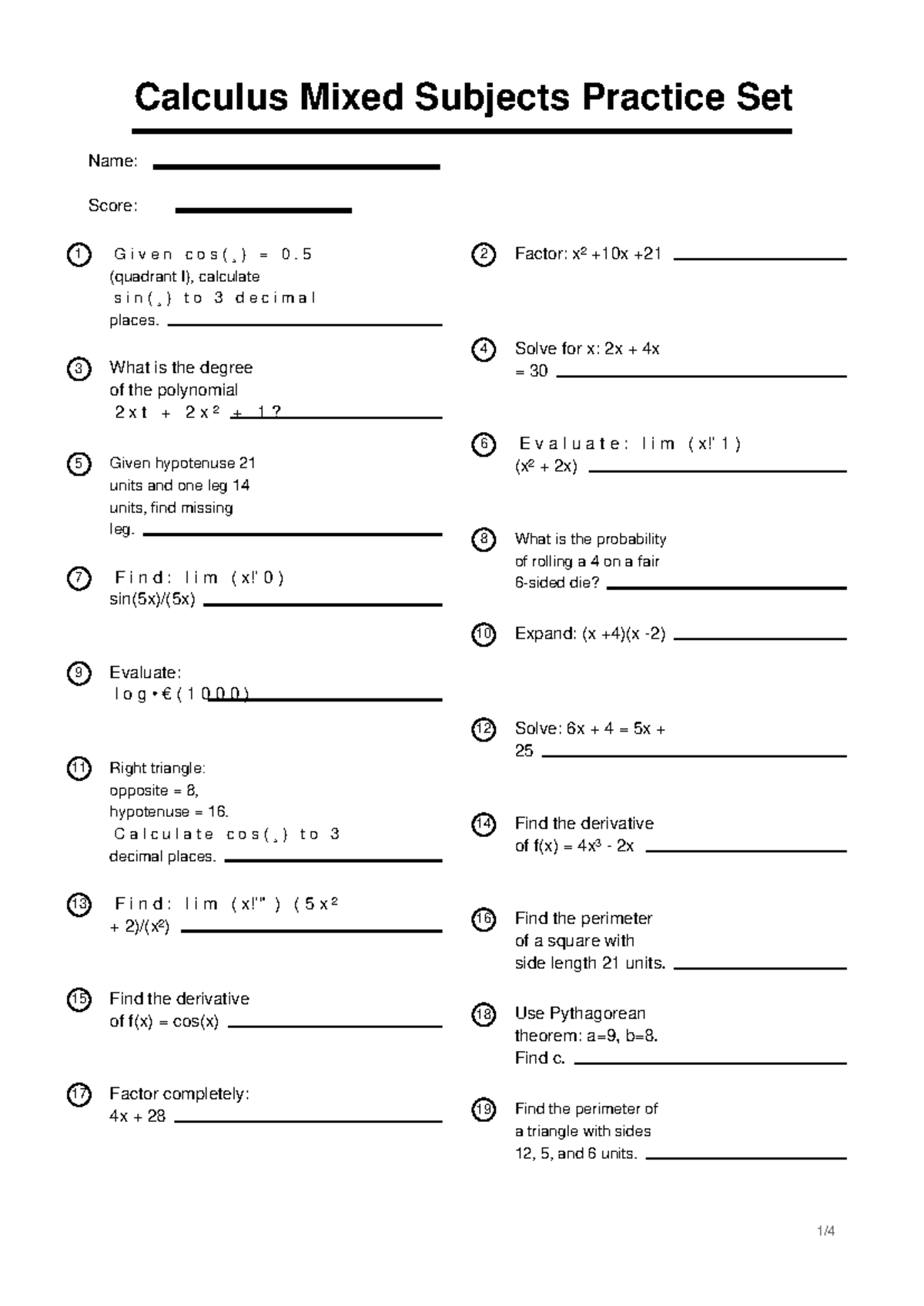 Calculus Mixed Subjects Practice Set 2: Problem Solving Guide - Studocu