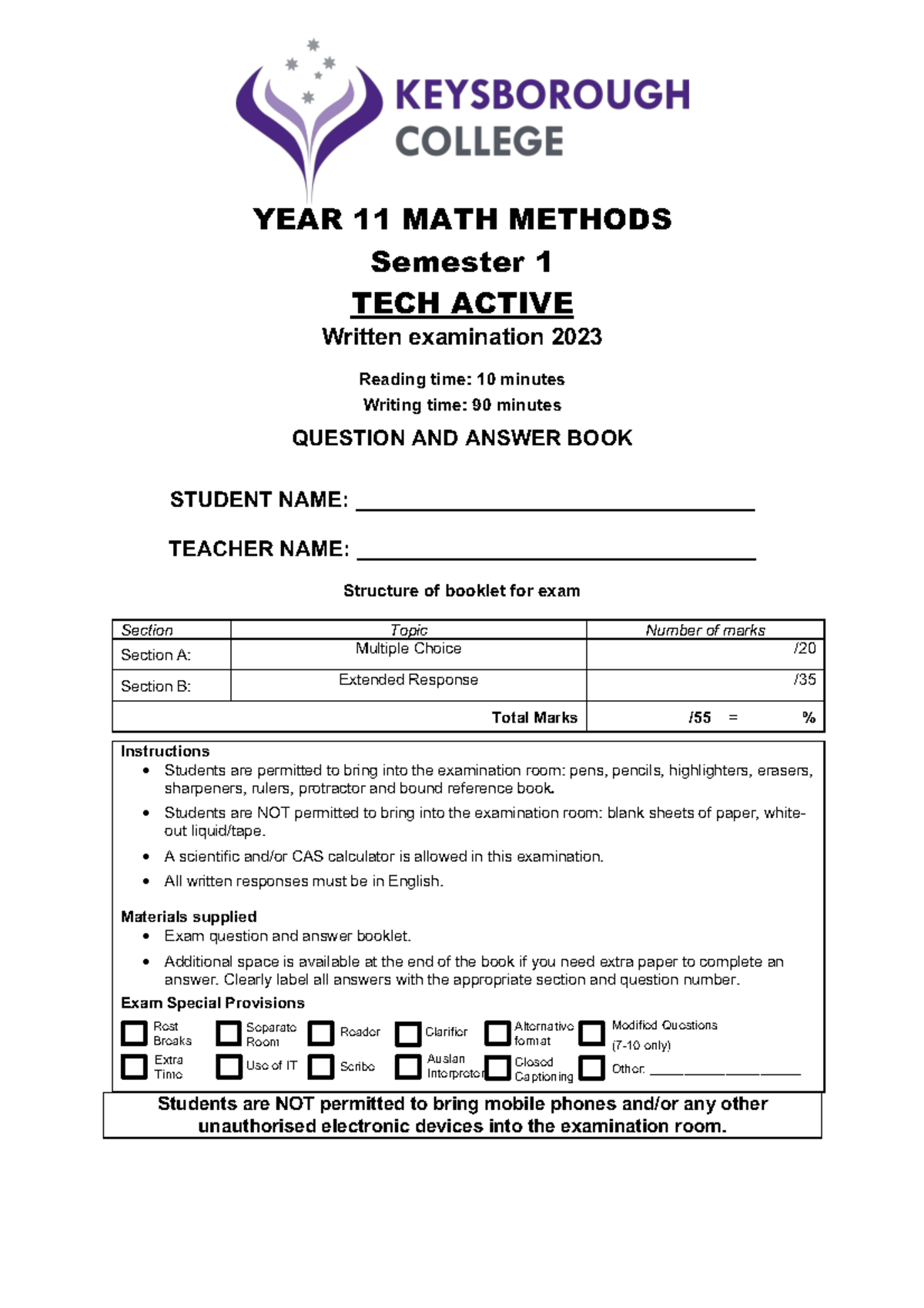YEAR 11 MATH METHODS 2023 Unit 1 Exam 2 - Revision Guide - Studocu