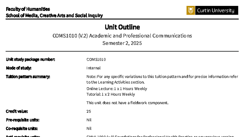 COMS1010 Unit Outline: Academic and Professional Communications S2 2025 ...