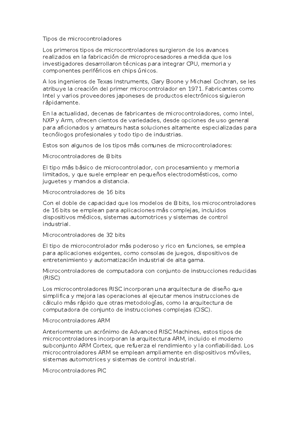 Tipos de Microcontroladores: Evolución y Clasificación - Studocu