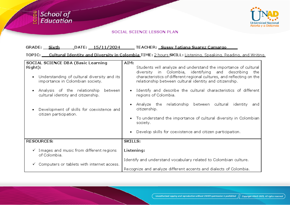 Social Science Lesson Plan: Cultural Identity in Colombia - DBA - Studocu