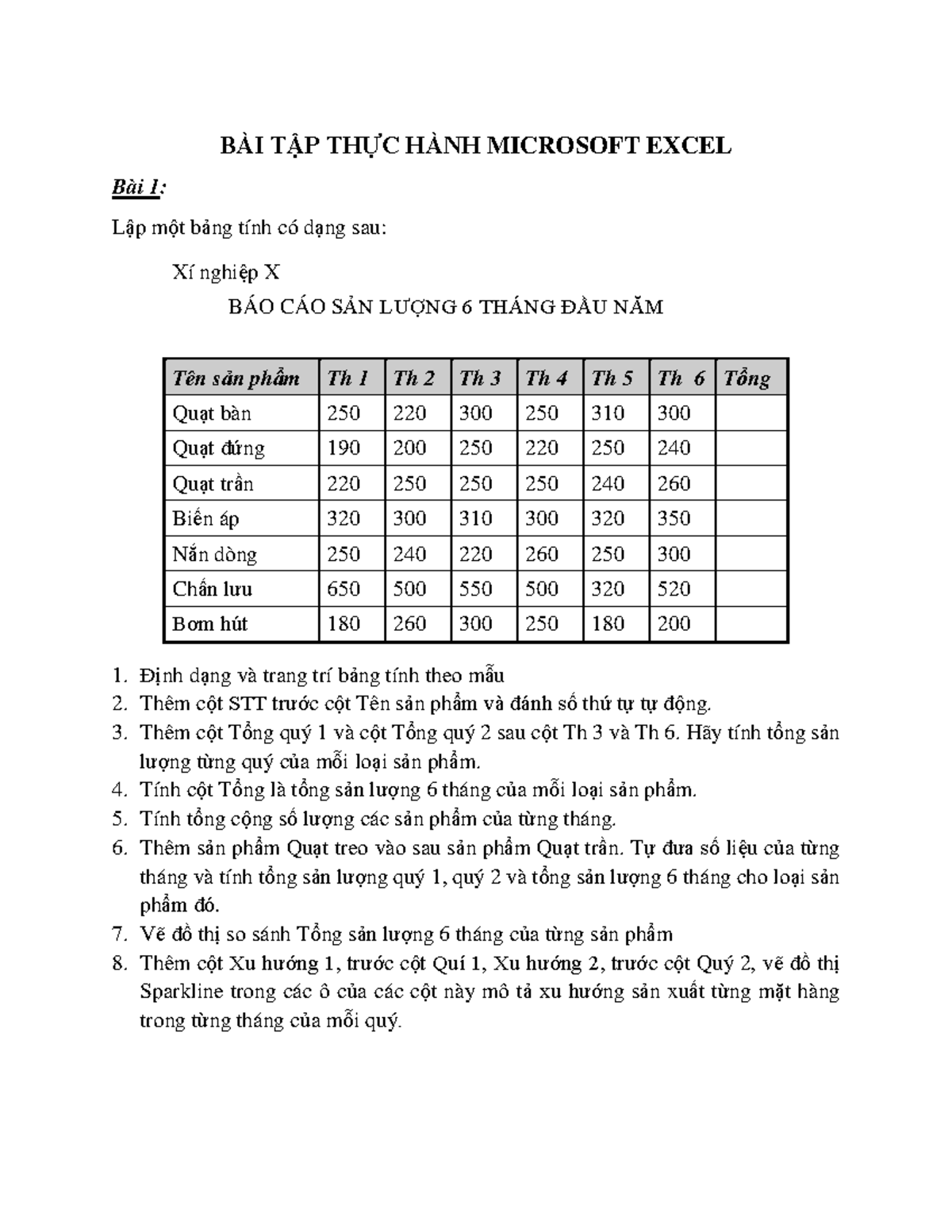 BÀI TẬP THỰC HÀNH Microsoft Excel - BÀI TẬP THỰC HÀNH MICROSOFT EXCEL Bài 1: Lập một bảng tính ...