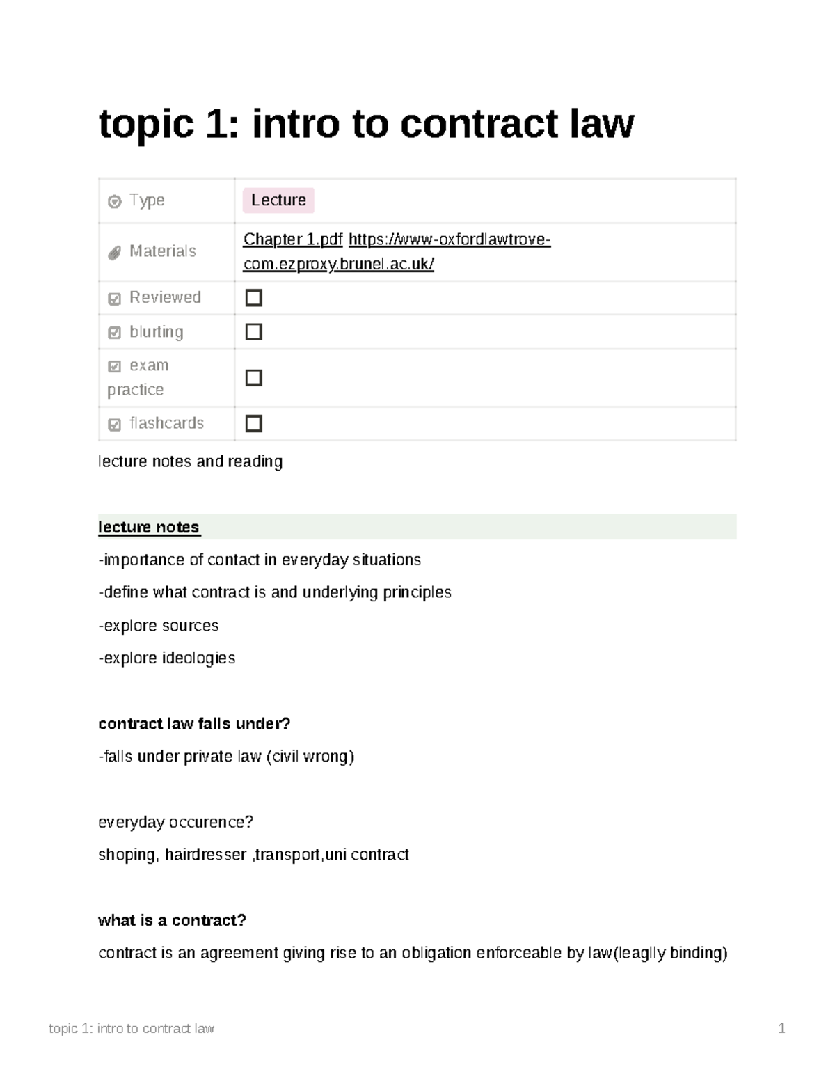 Topic 1 intro to contract law - topic 1: intro to contract law Type ...