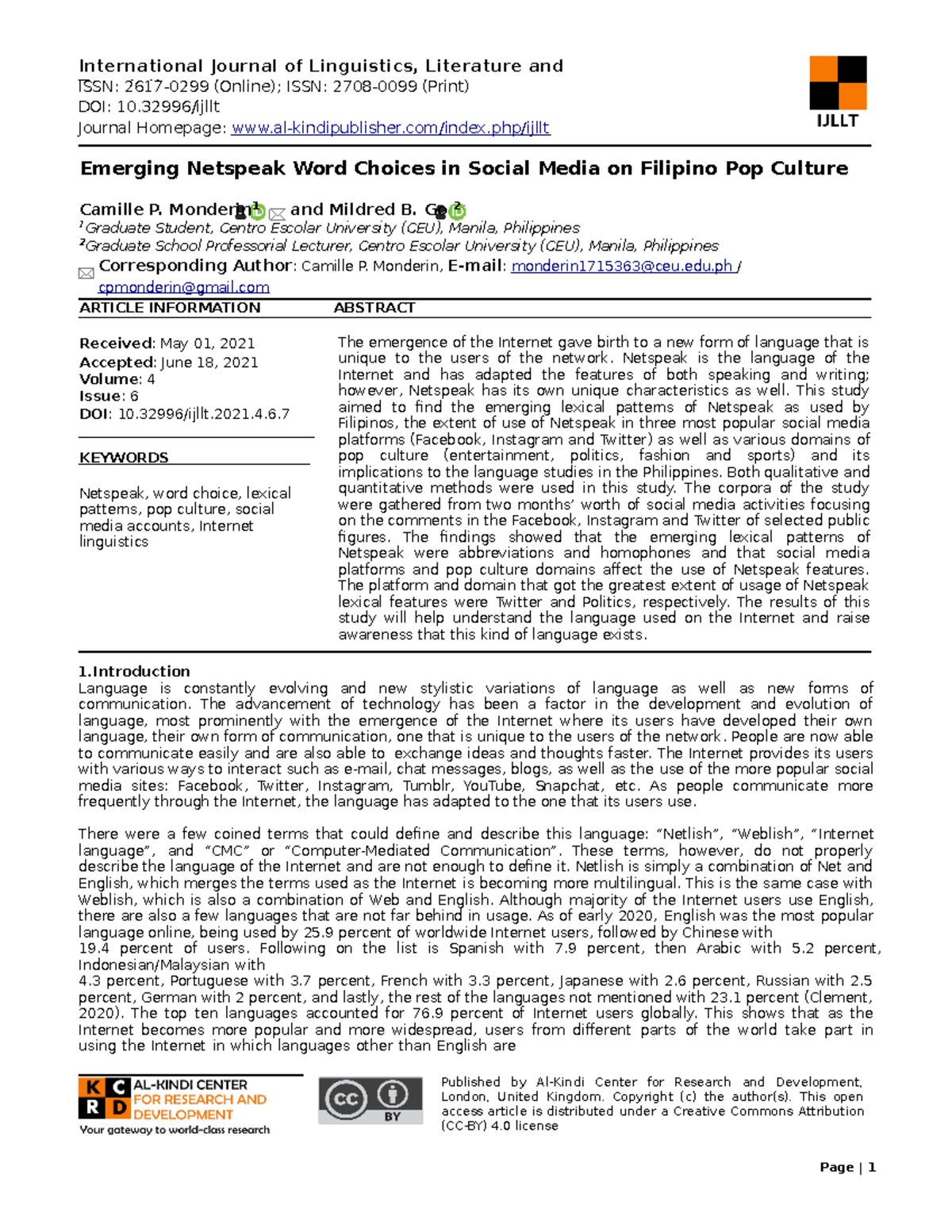 Emerging Lexical Patterns of Netspeak in Filipino Social Media (LLT 4.6 ...