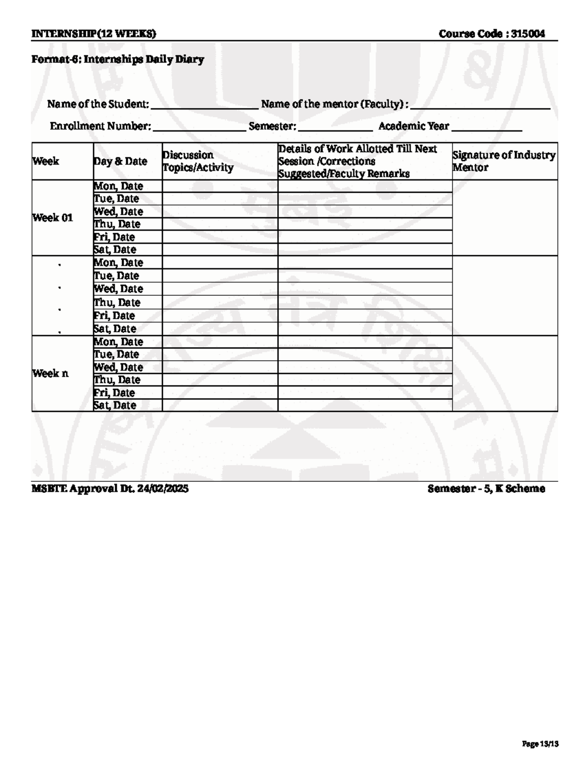 Daily Diary Report - Page 13/ INTERNSHIP(12 WEEKS) Course Code : 315004 ...