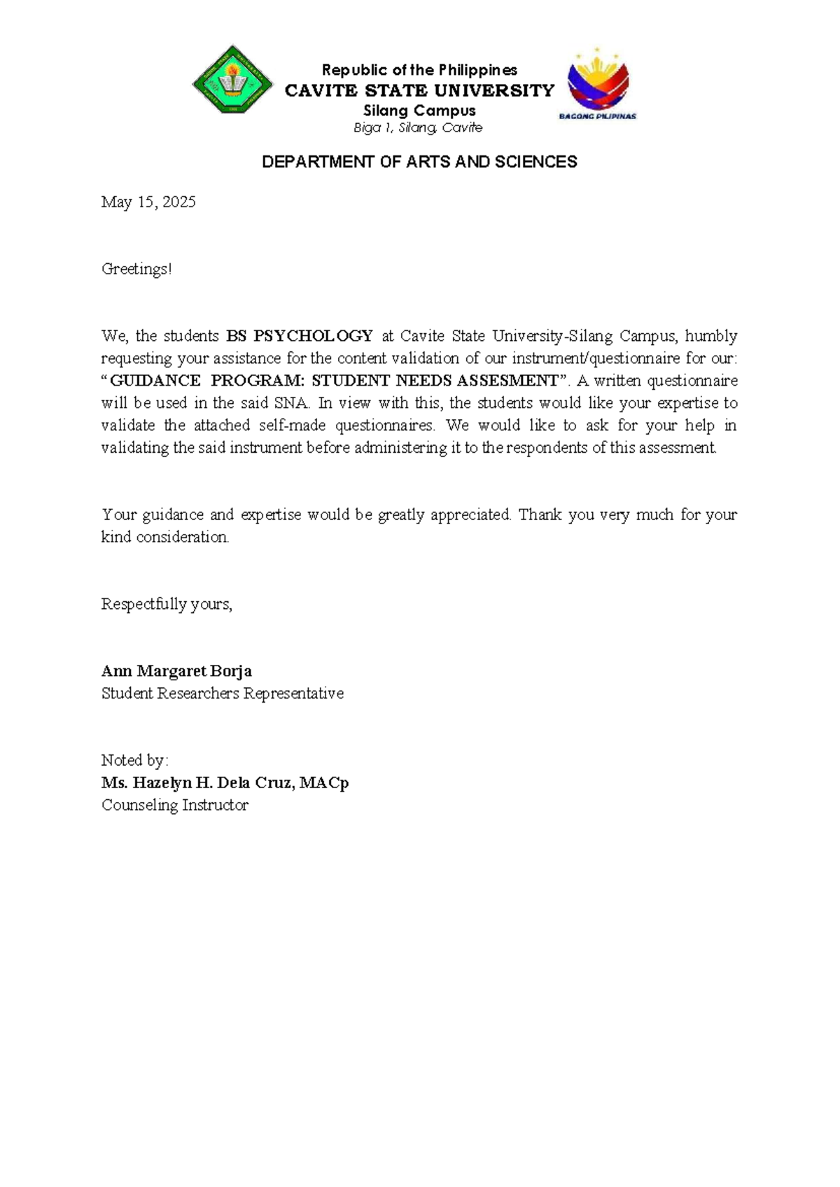 BS Psychology SNA Questionnaire Validation Request - Cavite State ...