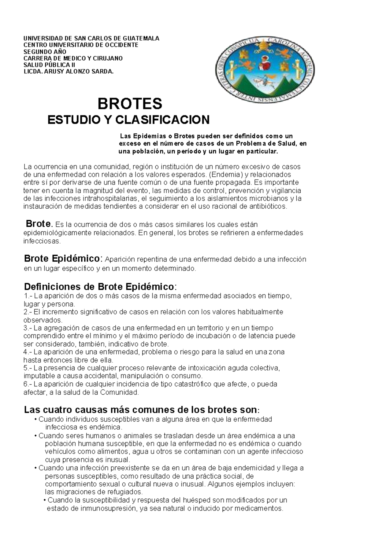 Estudio y Clasificación de Brotes Epidémicos - Salud Pública II - Studocu