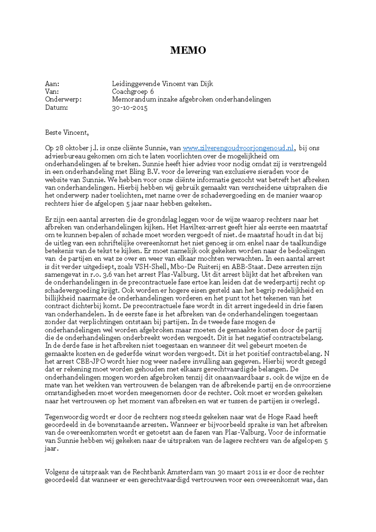 Memorandum inzake Afgebroken Onderhandelingen: Adviezen voor Sunnie ...