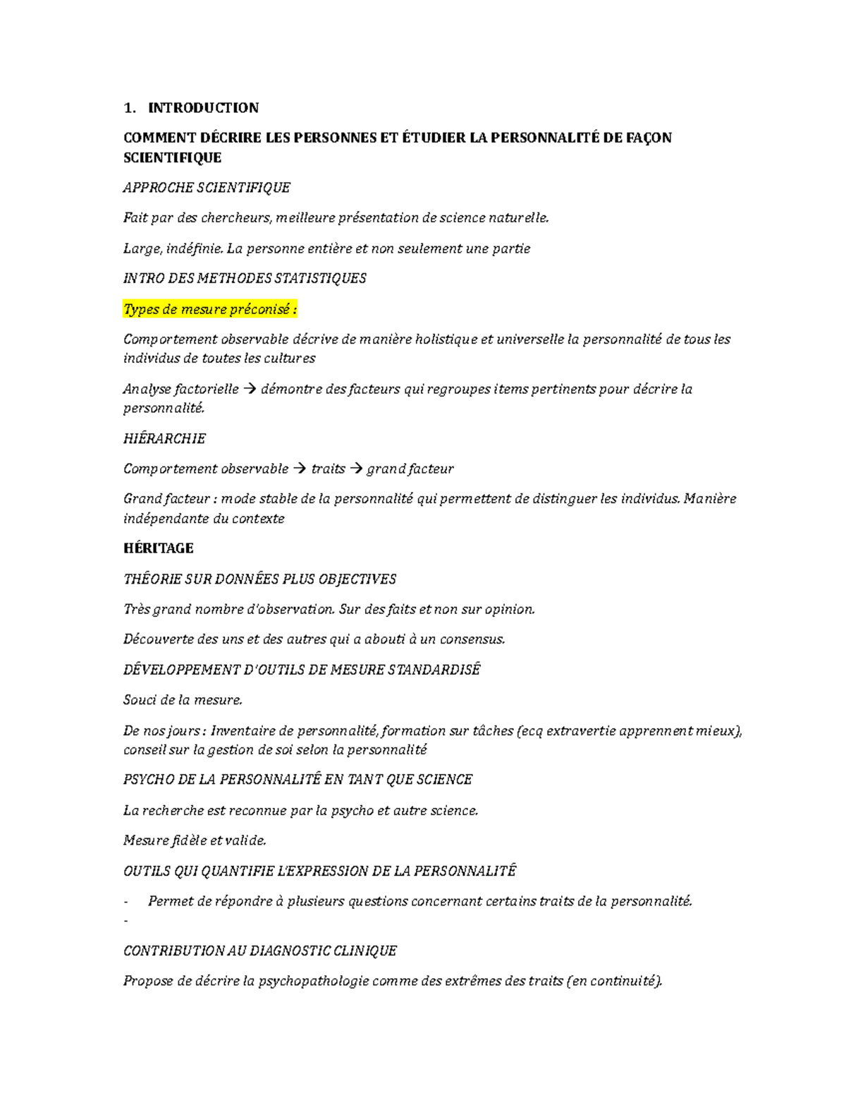 Cours 5 Theorie DES Traits - 1. INTRODUCTION COMMENT DÉCRIRE LES ...