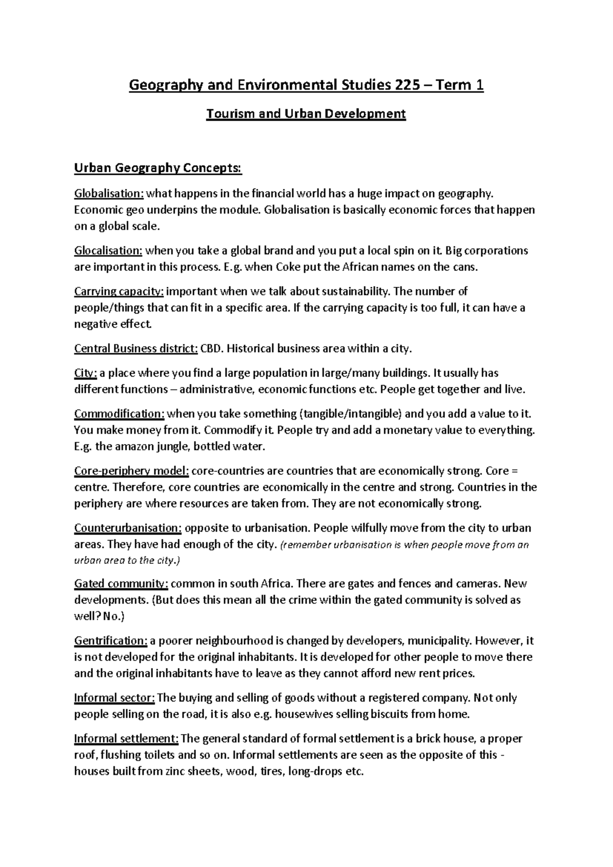 Geography 225 Term 1: Key Concepts in Urban Development and ...