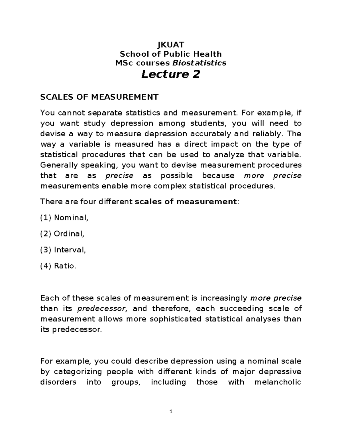 JKUAT MSc Public Health Biostatistics Lecture 2: Scales of Measurement ...
