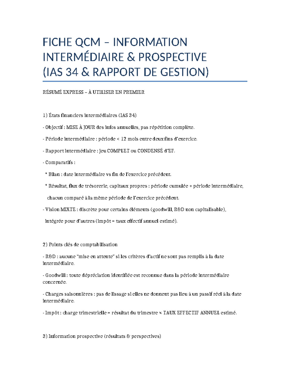Fiche QCM IAS 34 : Information Intermédiaire et Prospective - Studocu