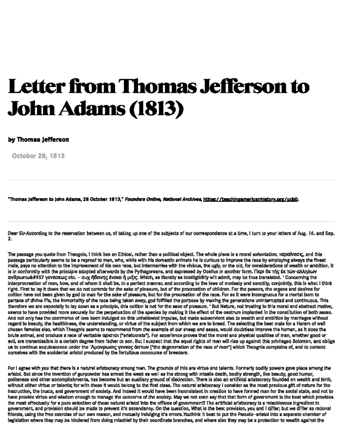 Thomas Jefferson's 1813 Letter to John Adams: A Historical Analysis ...