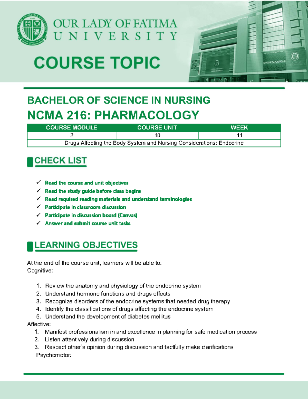 NCMA 216: Week 2 Pharmacology - Drugs Affecting Endocrine System - Studocu