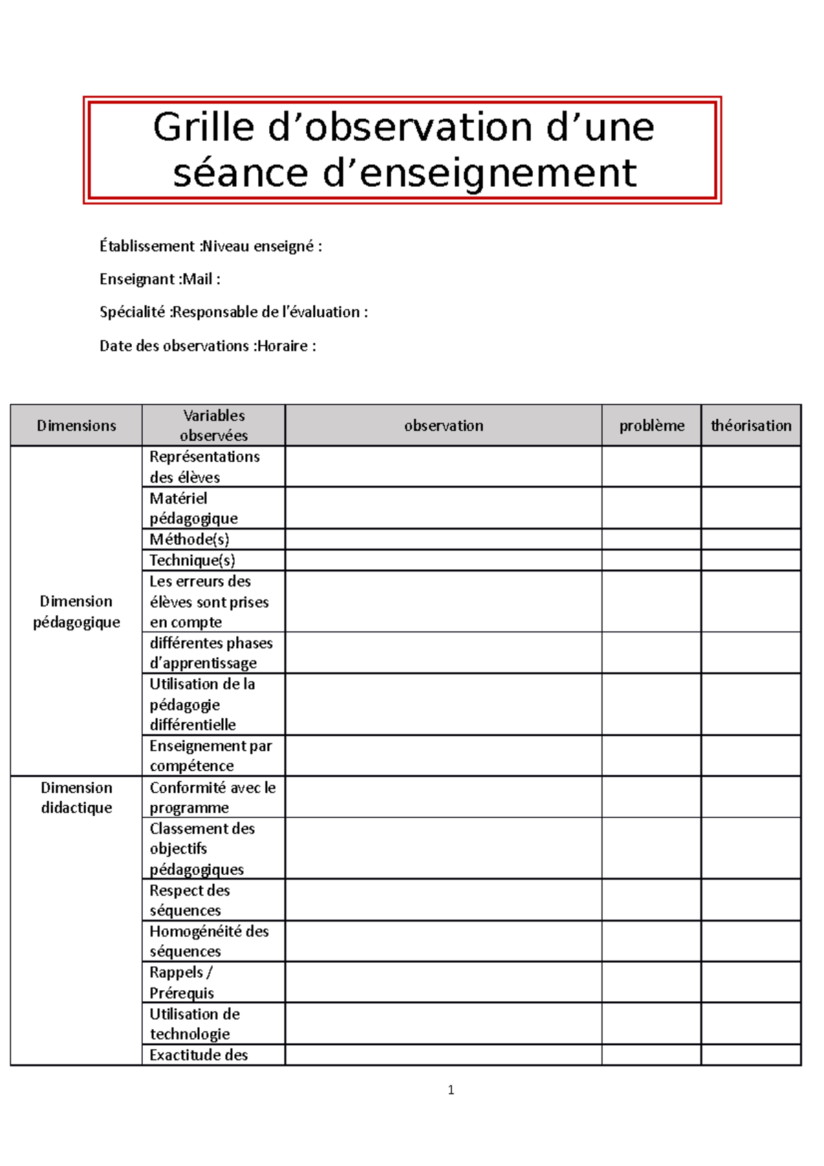 Grille d'obsevation - Grille d’observation d’une séance d’enseignement ...