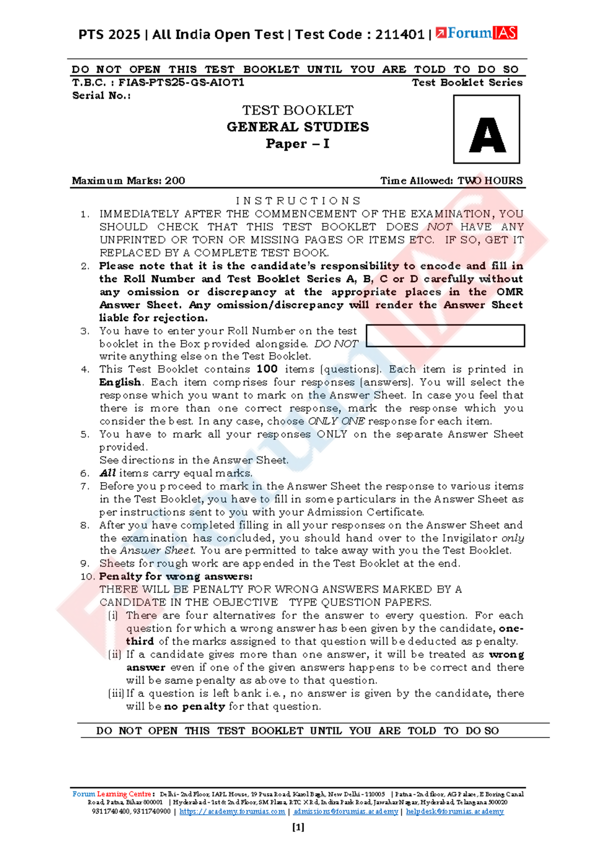 PTS 2025 All India Open Test QP Eng - Forum Learning Centre: Delhi ...