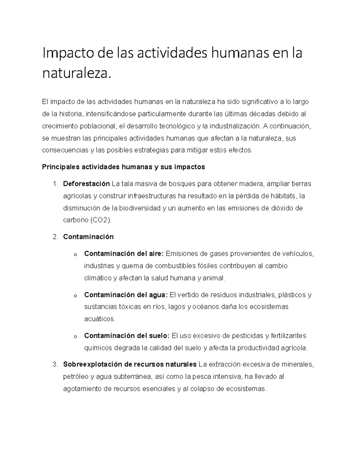 Impacto Humano en la Naturaleza: Consecuencias y Estrategias - Studocu