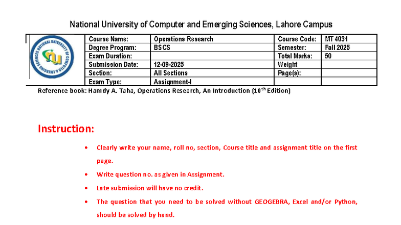 MT 4031 Fall 2025 - Assignment 1: Linear Models & Simplex Method - Studocu