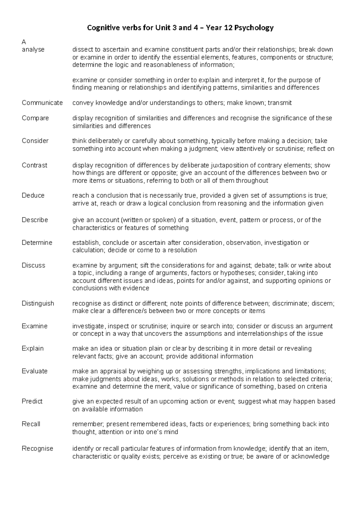 Cognitive Verbs for Year 12 Psychology A: Units 3 & 4 Guide - Studocu