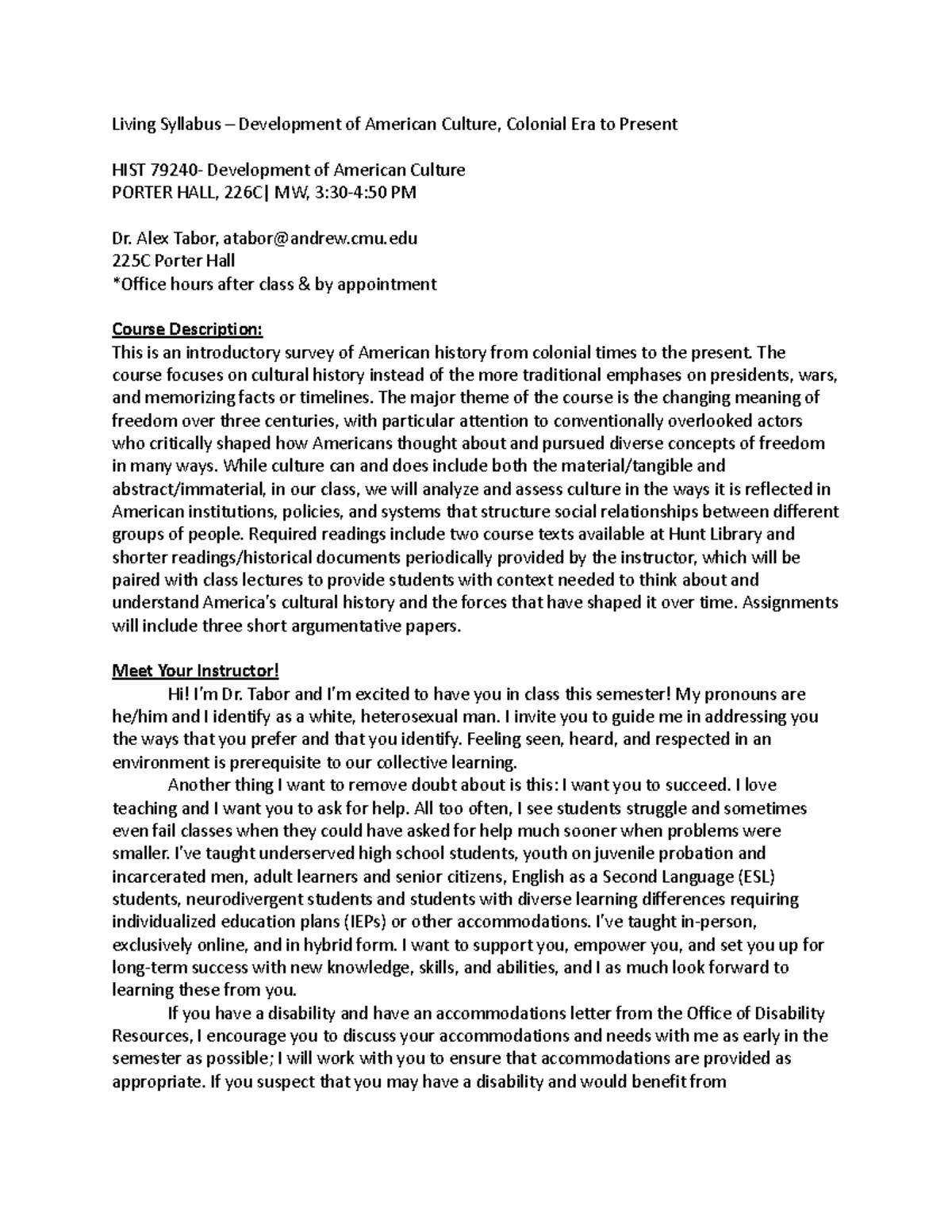 HIST 101: Living Syllabus for American Culture Development - Studocu