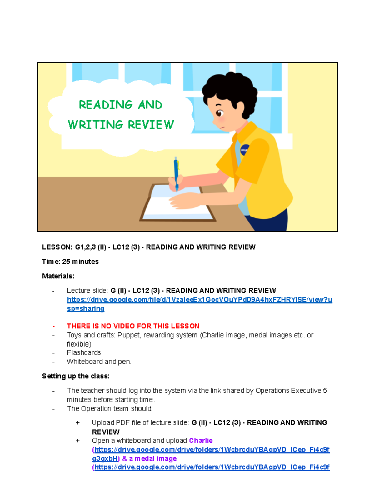 G1,2,3 Reading & Writing Review Lesson Plan: LC12 (3) - 25 Min - Studocu