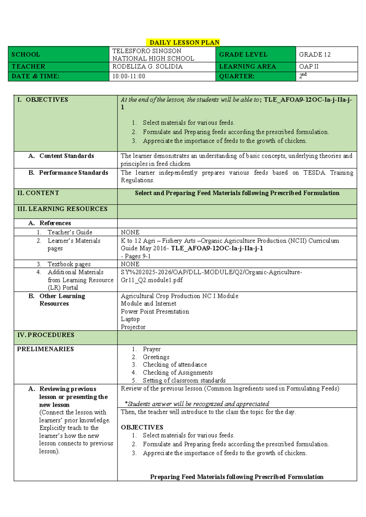 DLP: Grade 12 OAP Daily Lesson Plan on Feeds Formulation - Studocu