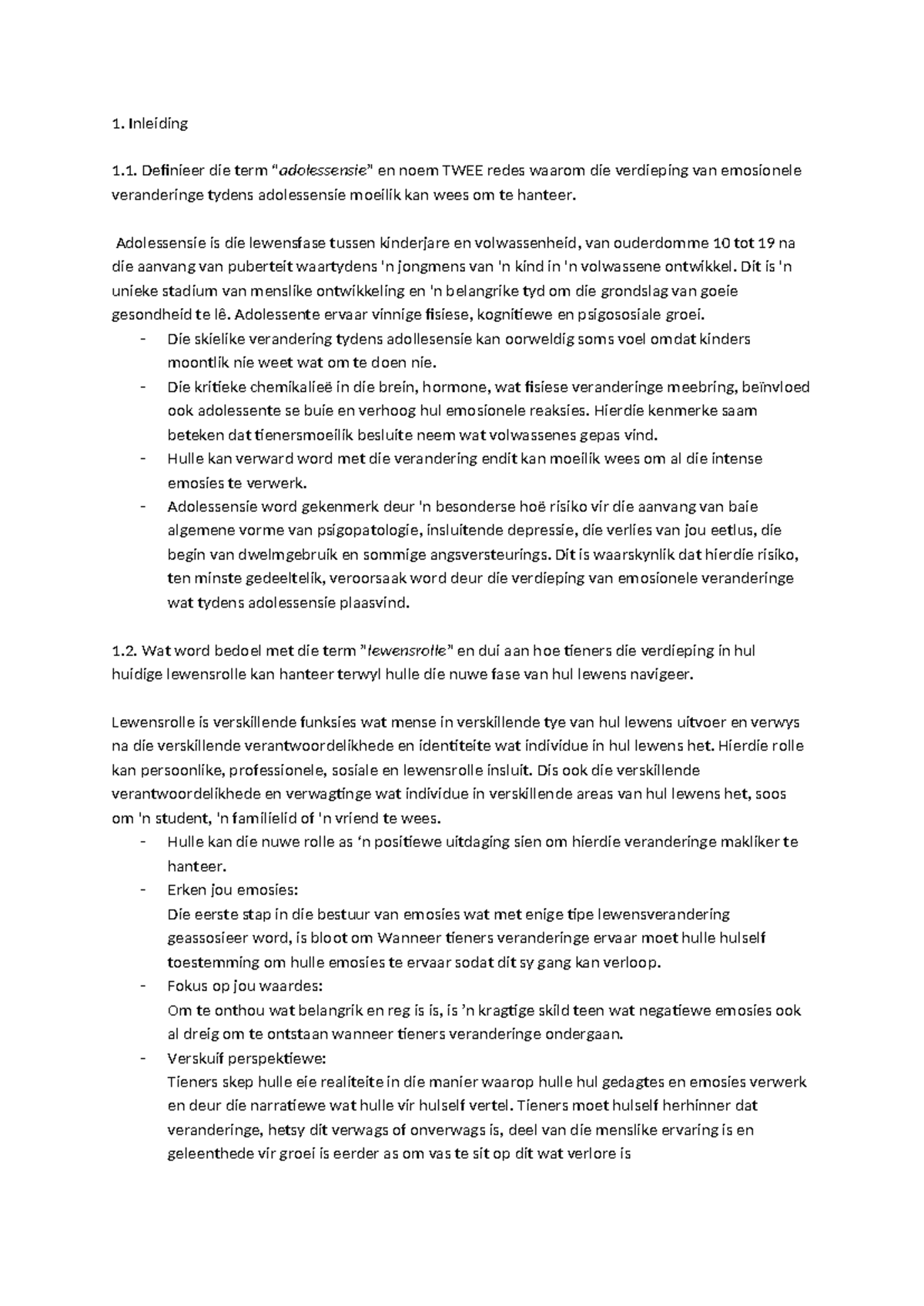 LO Taak Kw.3 - Emosionele Veranderingen en Lewensrolle in Adolessensie ...