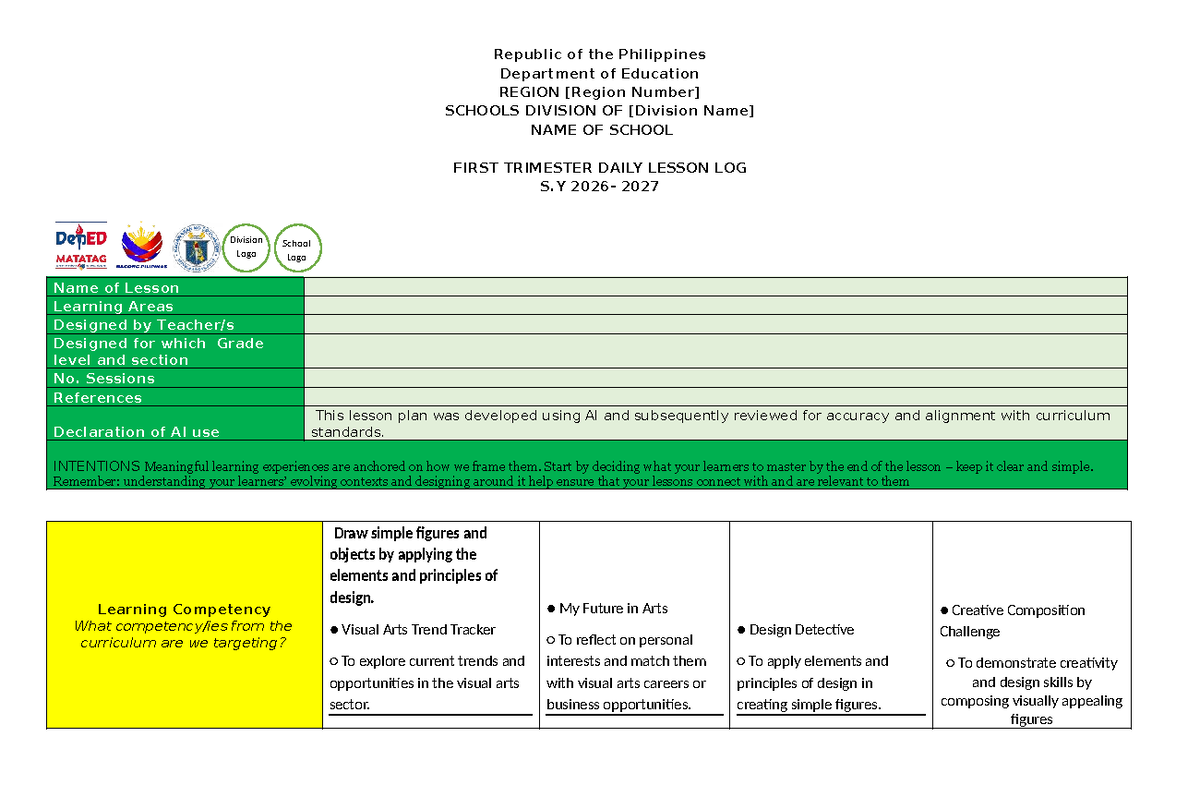 Visual Arts S.Y. 2027: Term 1 Lesson Plan - Week 1 - Studocu