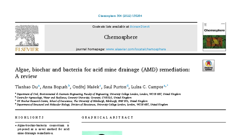 Algae, Biochar, and Bacteria for AMD Remediation: A Review (CHEM 304 ...