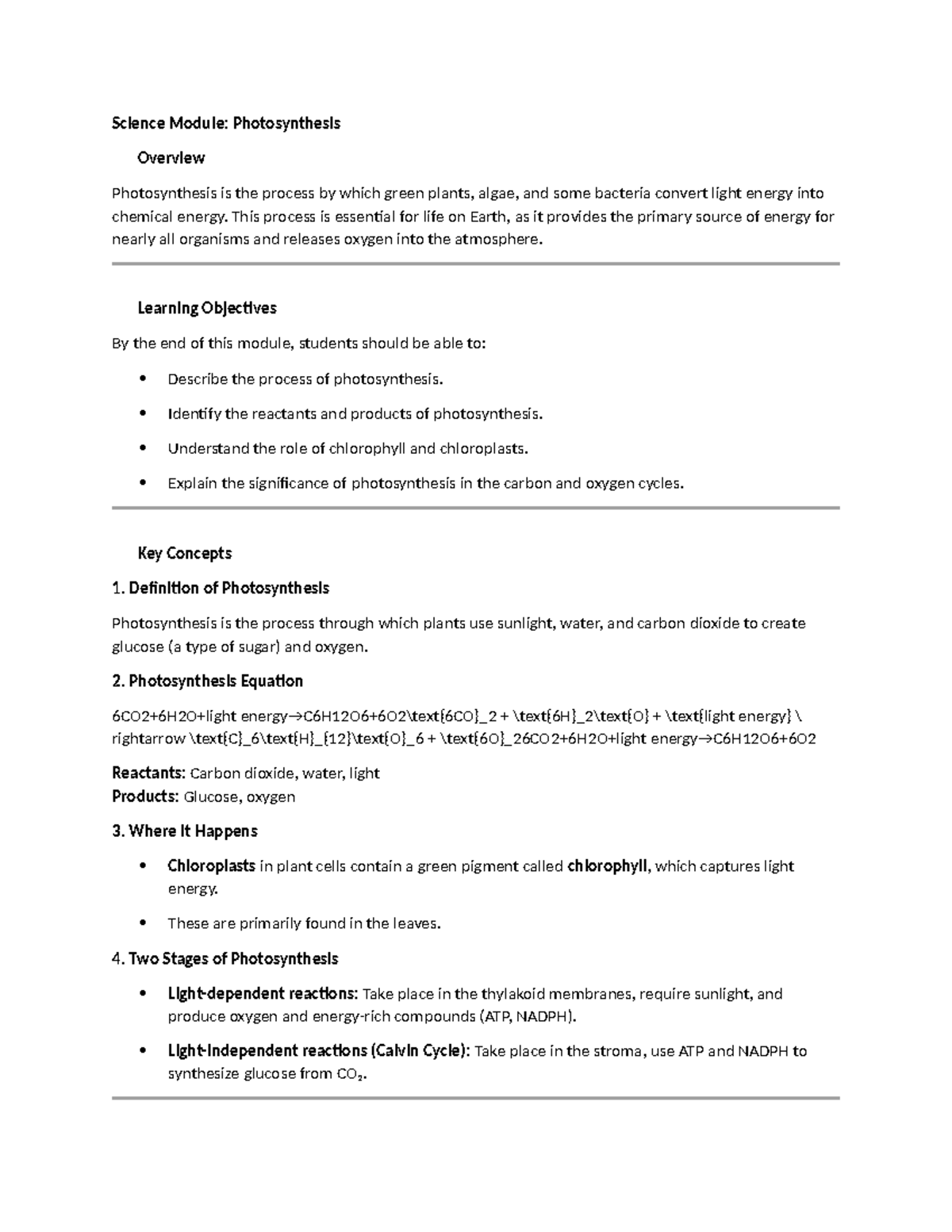 Science Module: Overview of Photosynthesis Process and Key Concepts ...