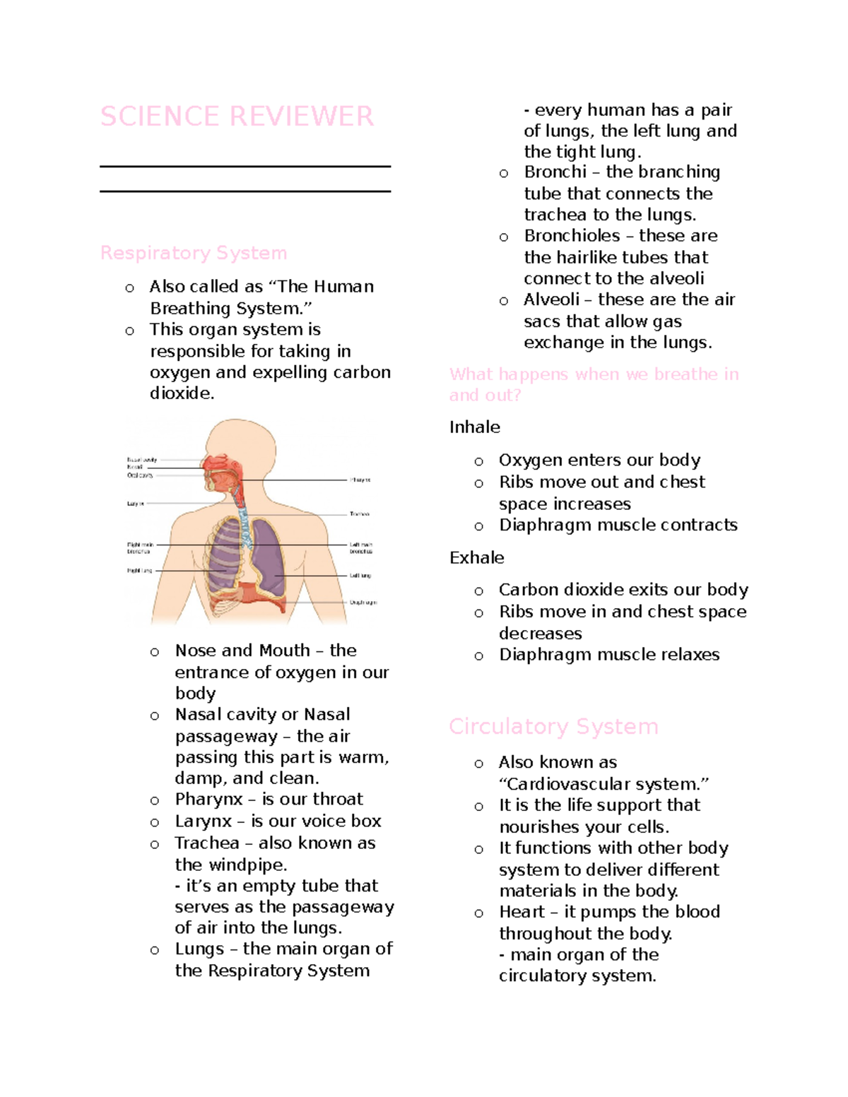 SCIENCE REVIEWER: Respiratory & Circulatory Systems Overview - Studocu