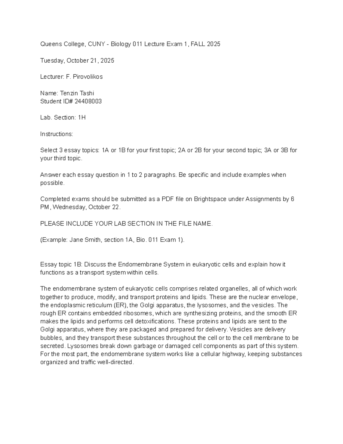 Queens College, CUNY Bio. 011 Lecture Exam 1 Essay Topics, Fall 2025 ...