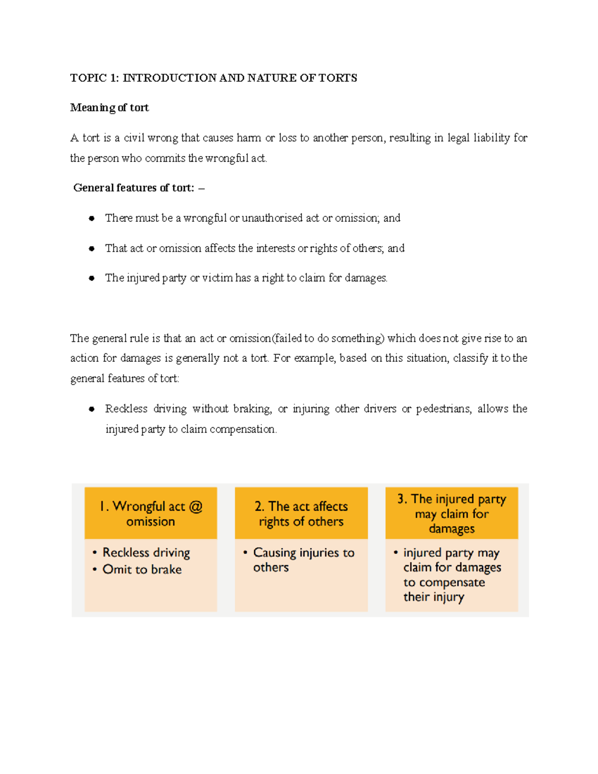 Law of tort note - law of tort note - TOPIC 1: INTRODUCTION AND NATURE ...
