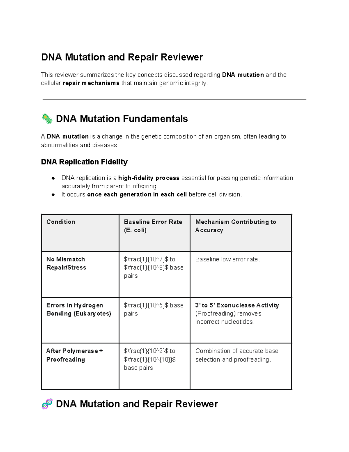 DNA Mutation and Repair: Key Concepts Overview - Studocu