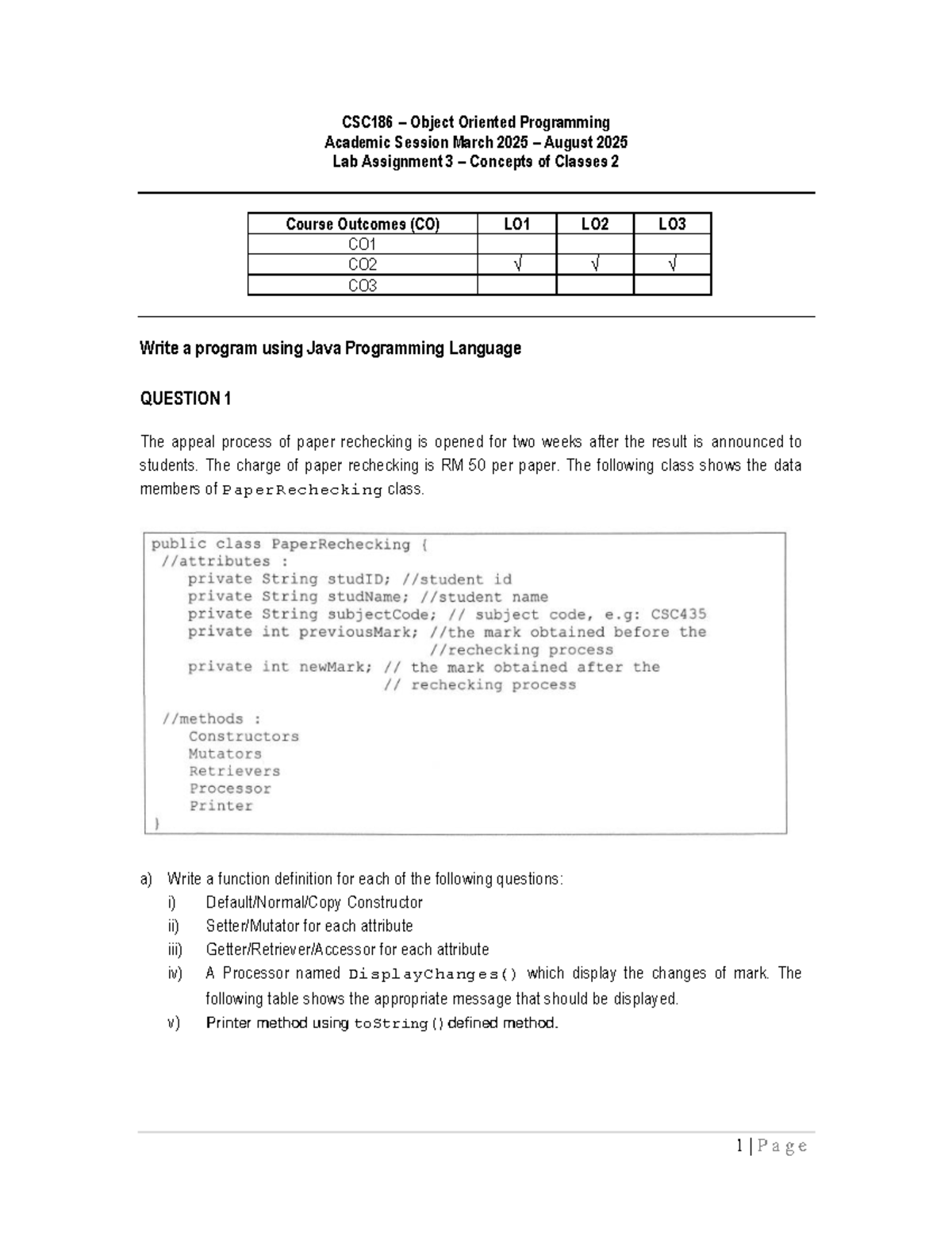 CSC186 Lab Assignment 3: Concepts of Classes 2 (March-August 2025) - Studocu