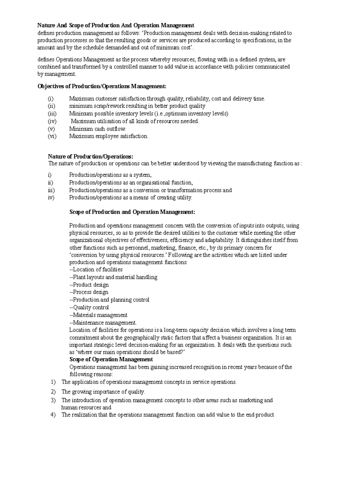 Production and Operations Management Unit Notes - Studocu