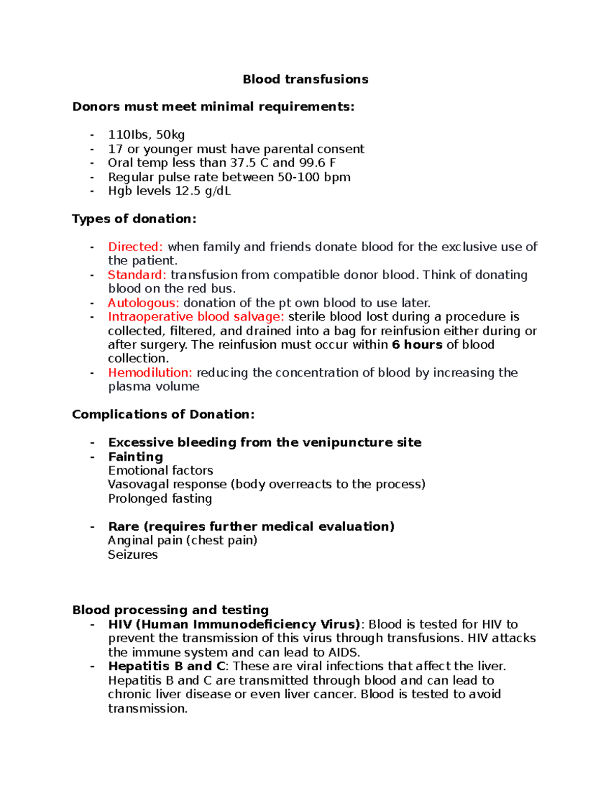 Blood transfusions notes - Blood transfusions Donors must meet minimal ...