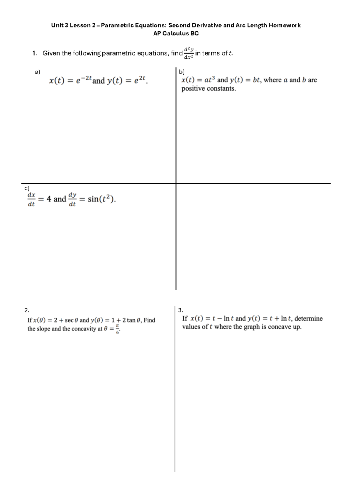Unit 3 Lesson 2: Parametric Equations & Arc Length Homework AP Calculus ...