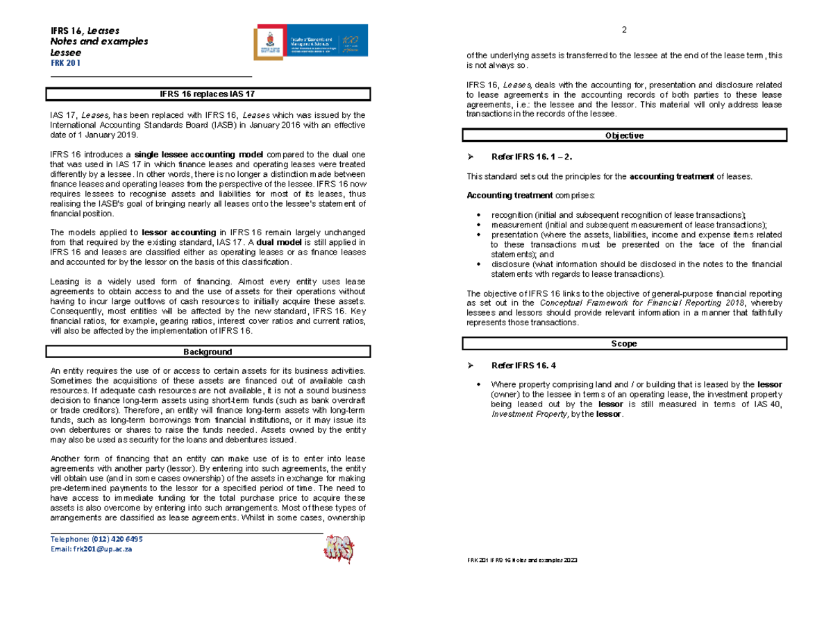 FRK 201 IFRS 16 Lease Accounting Notes and Examples 2023 - Studocu