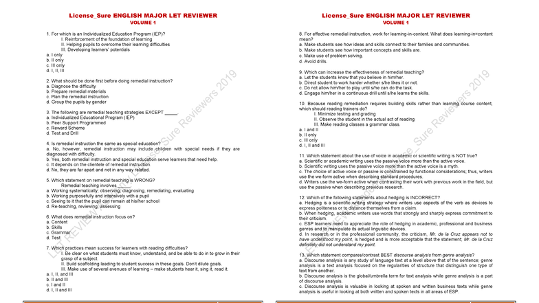 License_Sure ENGLISH MAJOR LET REVIEWER VOLUME 1 - Studocu