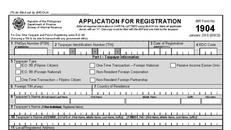 BIR Form 1904: Application for Taxpayer Registration Guide - Studocu