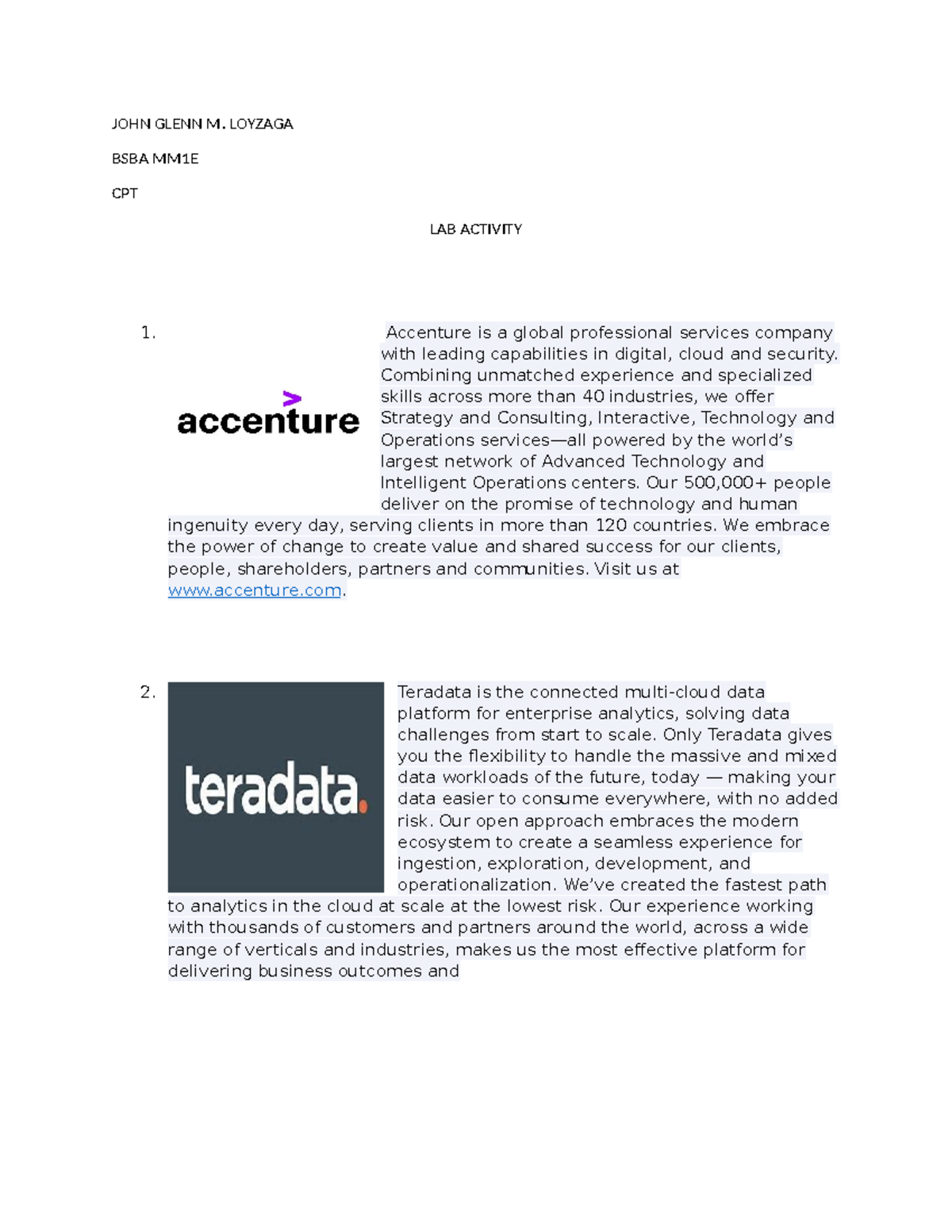 Lab activity 1 - BSBA MM1E final exam notes on Accenture and Teradata ...