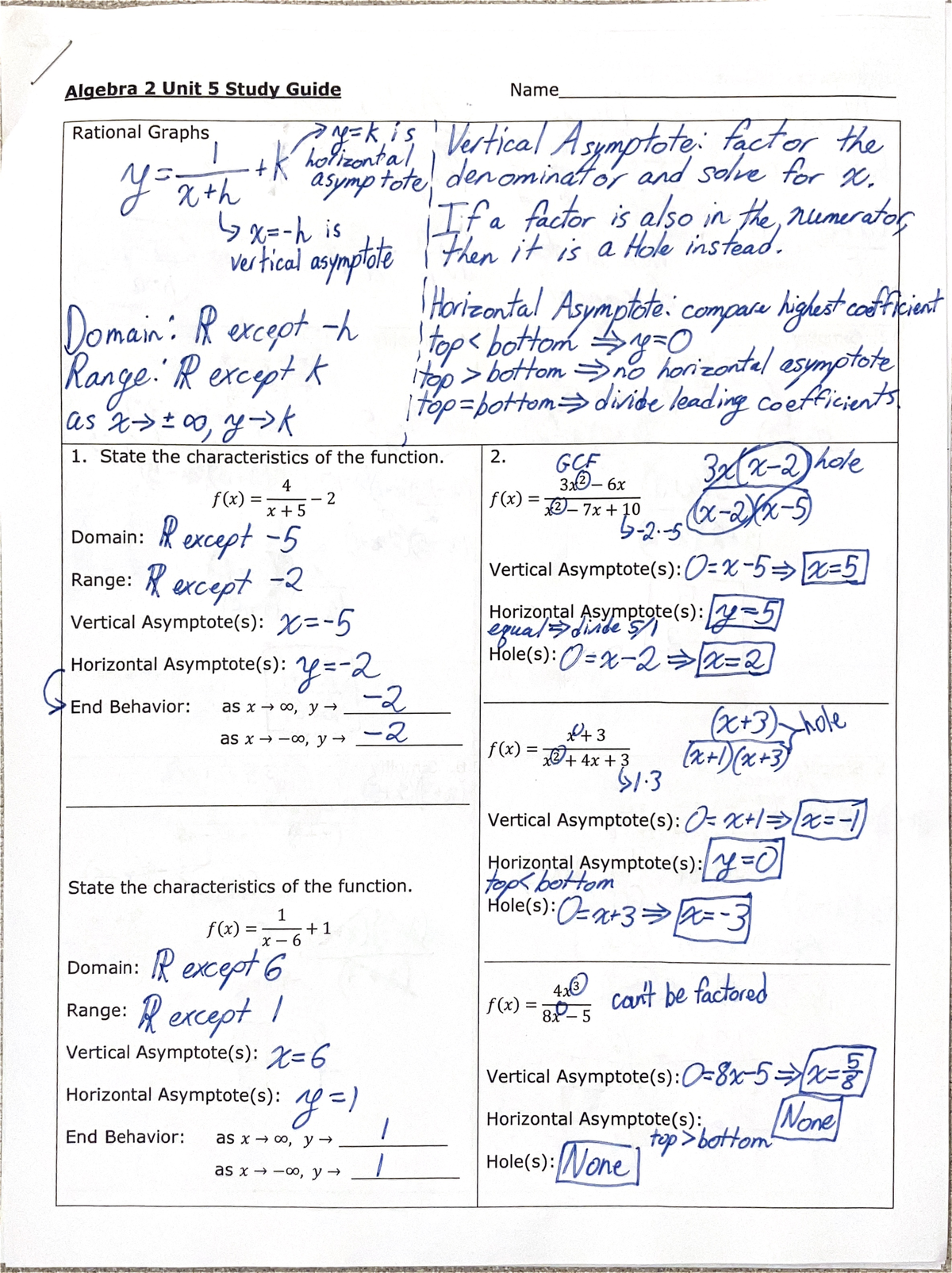 Algebra 2 Unit 5 Study Guide: Rational Graphs & Asymptotes - Studocu