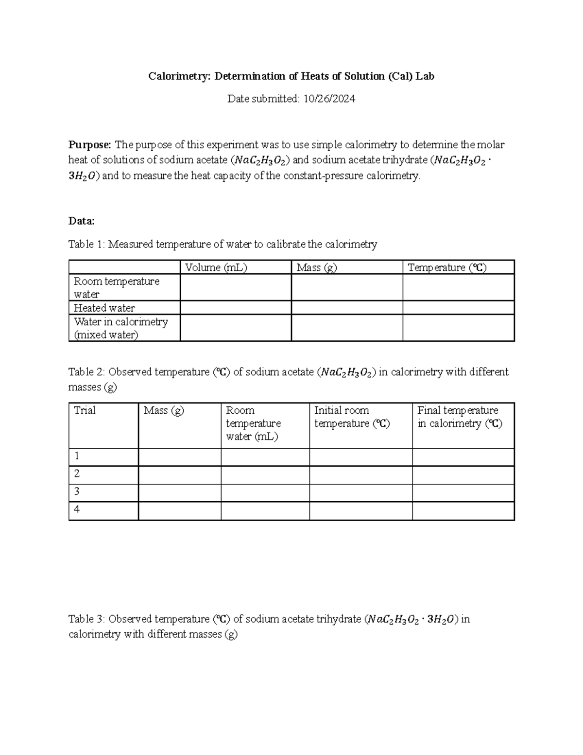 Calpre Lab - Calorimetry of Sodium Acetate Solutions (Cal) - Studocu
