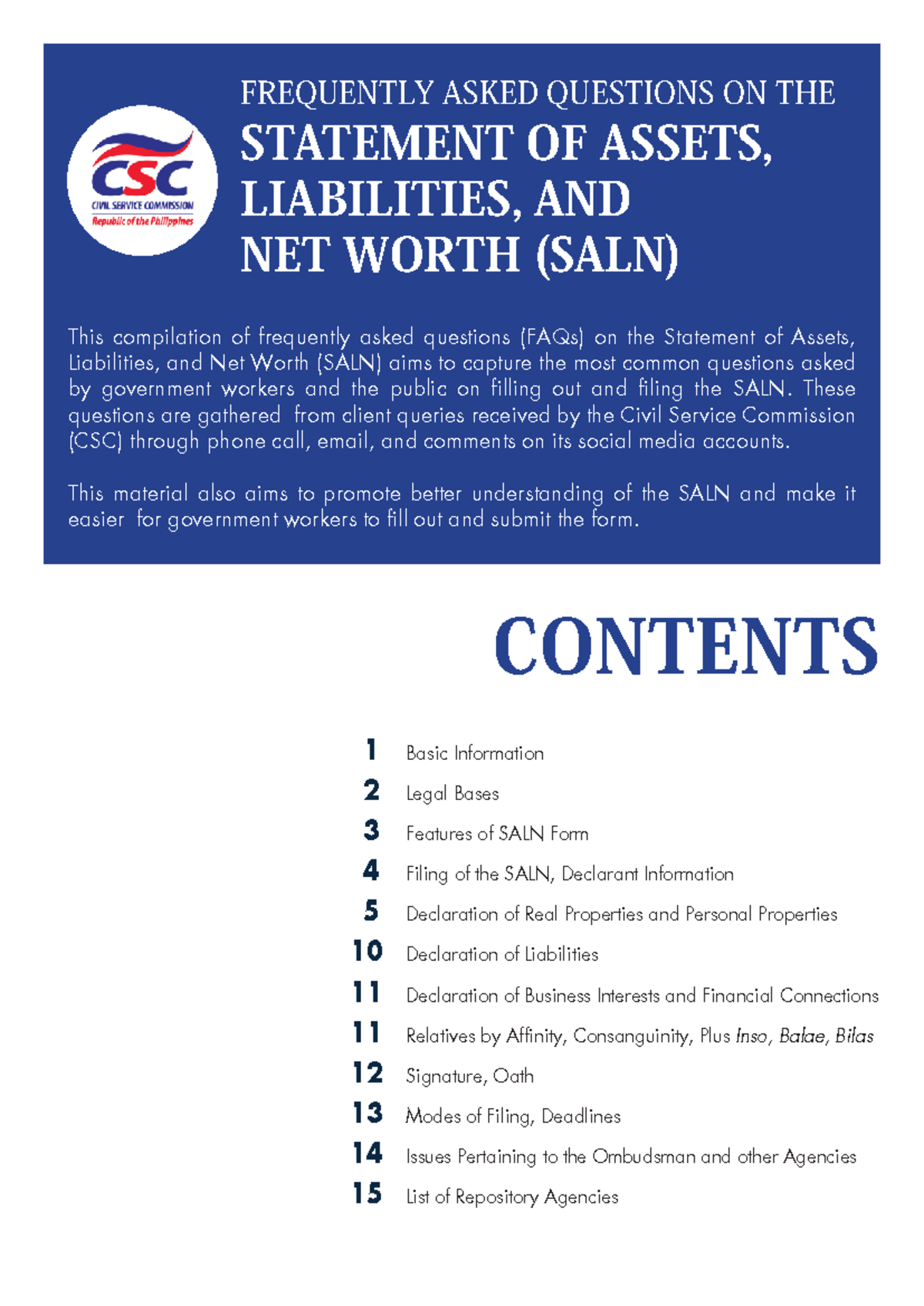 FREQUENTLY ASKED QUESTIONS ON SALN (Statement of Assets, Liabilities ...