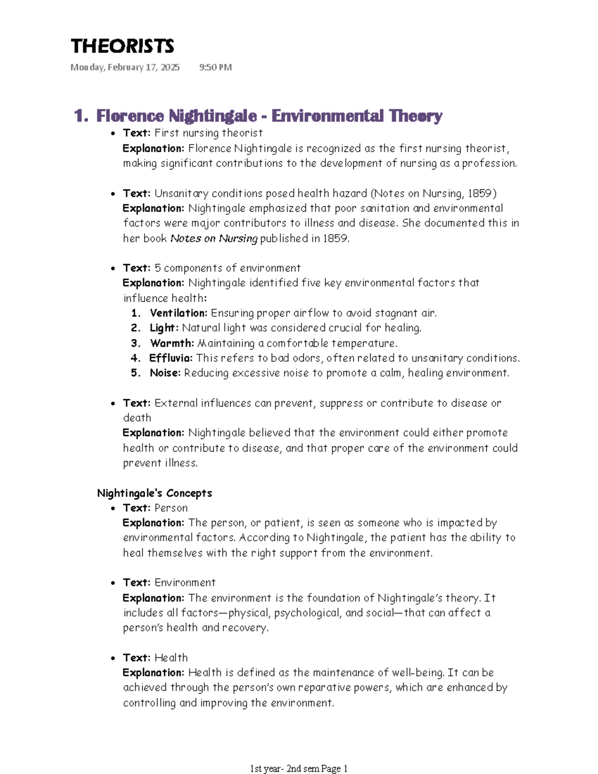 Theorists - Florence Nightingale - Environmental Theory Text: First ...