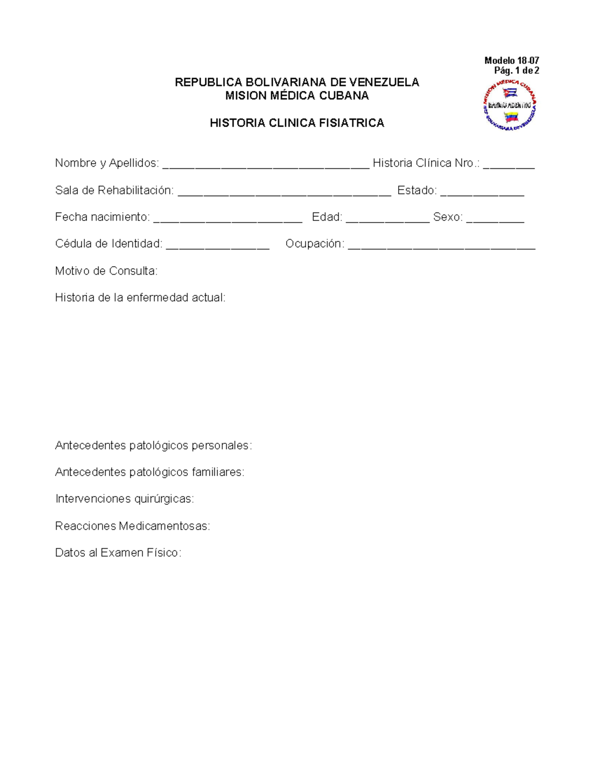 Modelo 18-07 Historia Clinica Fisiatrica - Modelo 18- Pág. 1 de 2 ...